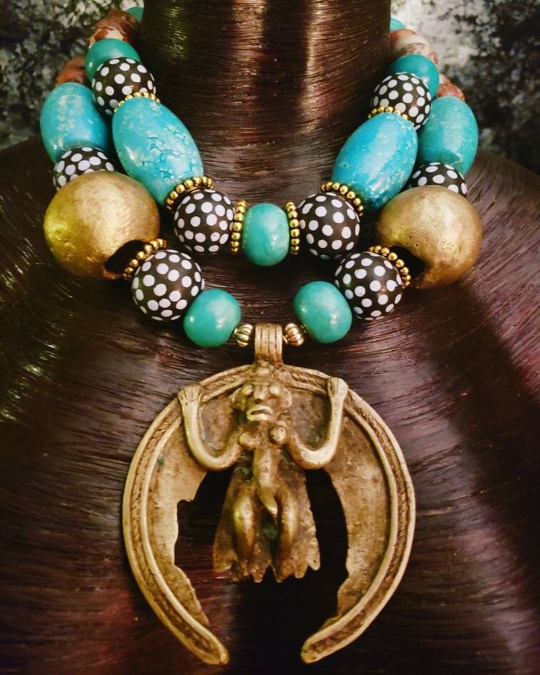 Pendant Tribal African Brass Erotic Necklace Beaded Multi Strand ...