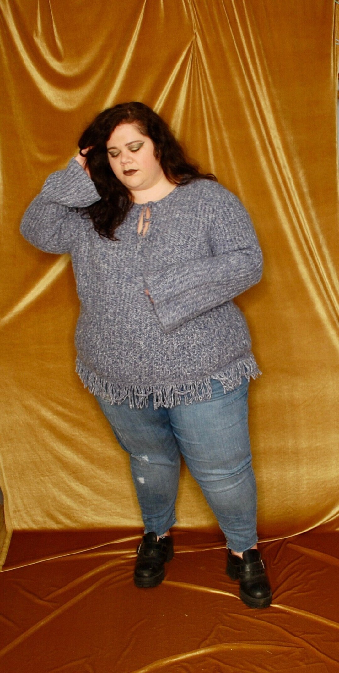 Plus-size Boho Ranch Knit // Y2K Soft Blue Marl Long-sleeve Sweater ...