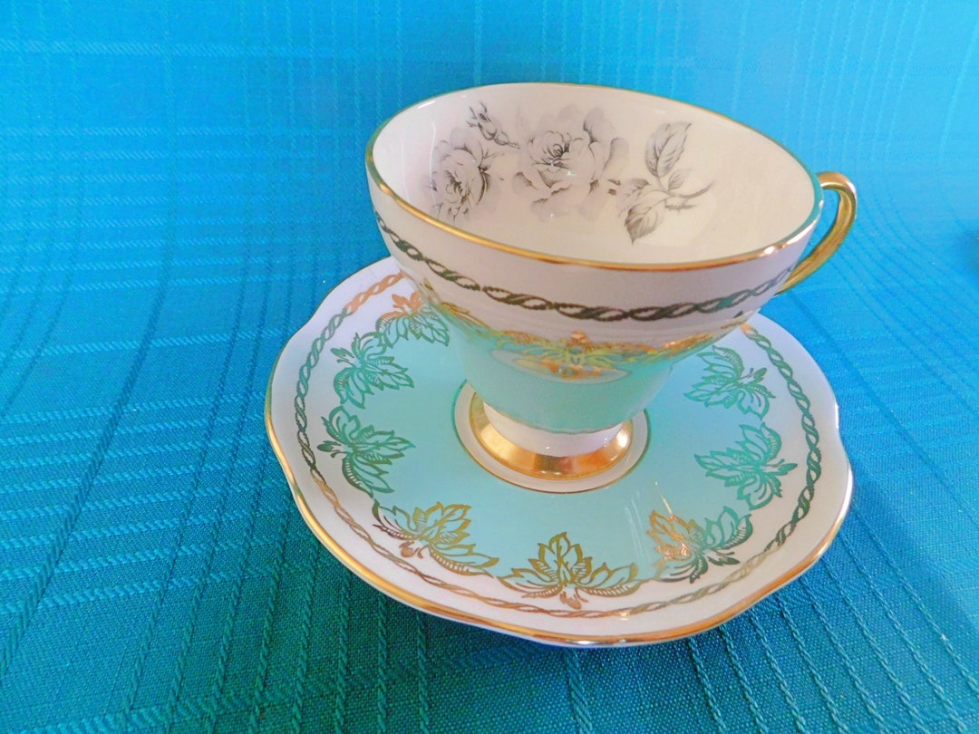 Foley Gold Leaf Gray Rose Blue Band Cup and Saucer VGU - Etsy