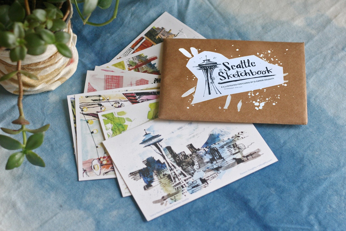 SEATTLE POSTCARDS | Set of Eight (8) Assorted 4x6" Illustrated Pacific ...