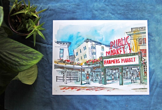 PIKE PLACE MARKET Seattle Illustration Art Print | Etsy