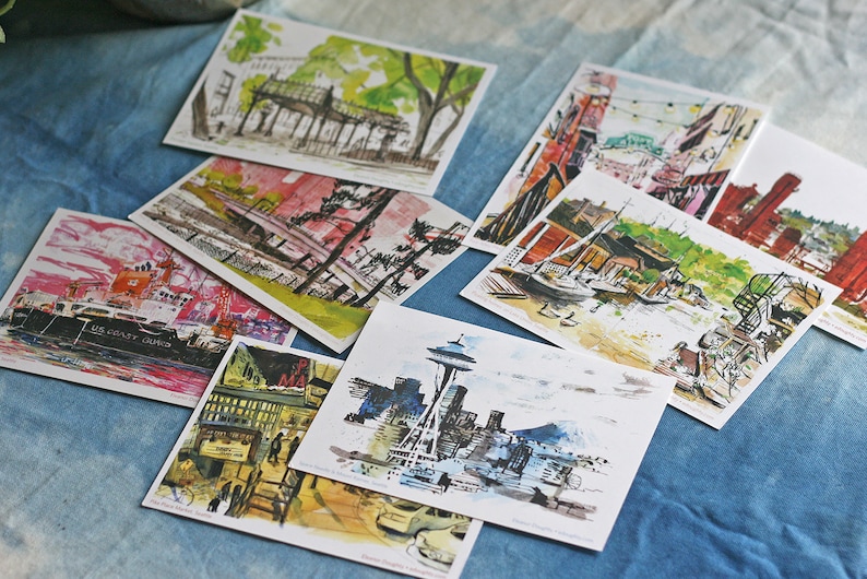 SEATTLE POSTCARDS | Set of Eight (8) Assorted 4x6" Illustrated Pacific ...