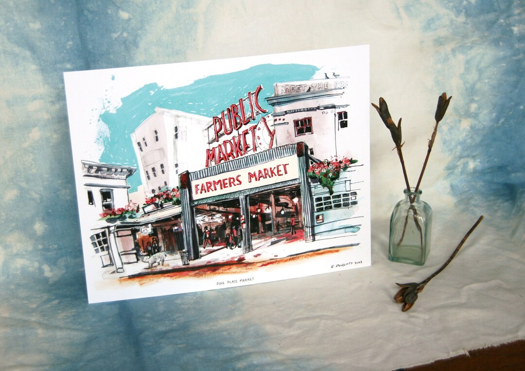 PIKE PLACE MARKET | Seattle Illustration Art Print | 11x14" | 28cm X ...