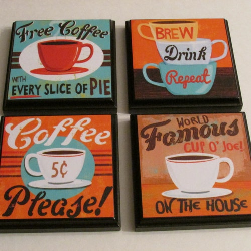 Retro Coffee Kitchen Room Wall Plaques Set of 4 Retro Coffee - Etsy