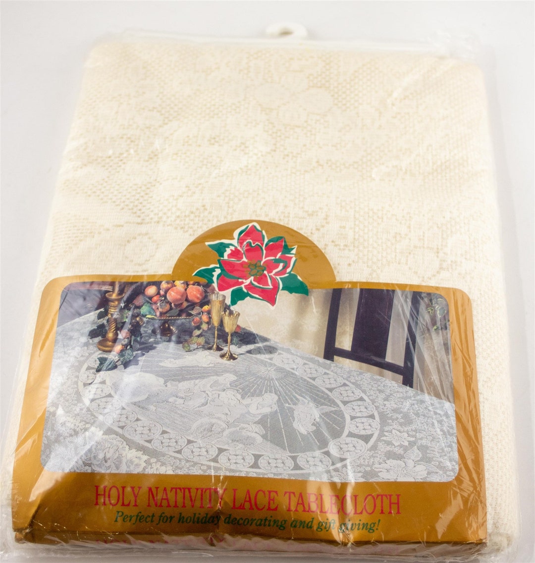 Vintage Christmas Nativity Scene Beige Lace Tablecloth 60x86" Oblong ...