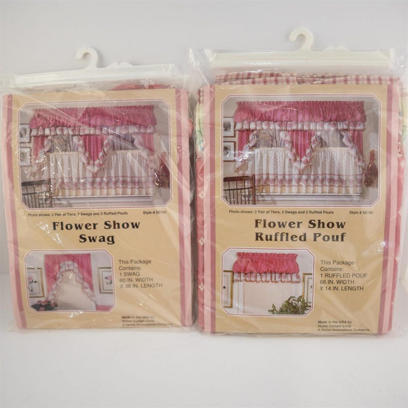 Vintage 1980s Pink Floral Ruffled Pouf & Swag Windows Treatments -made ...