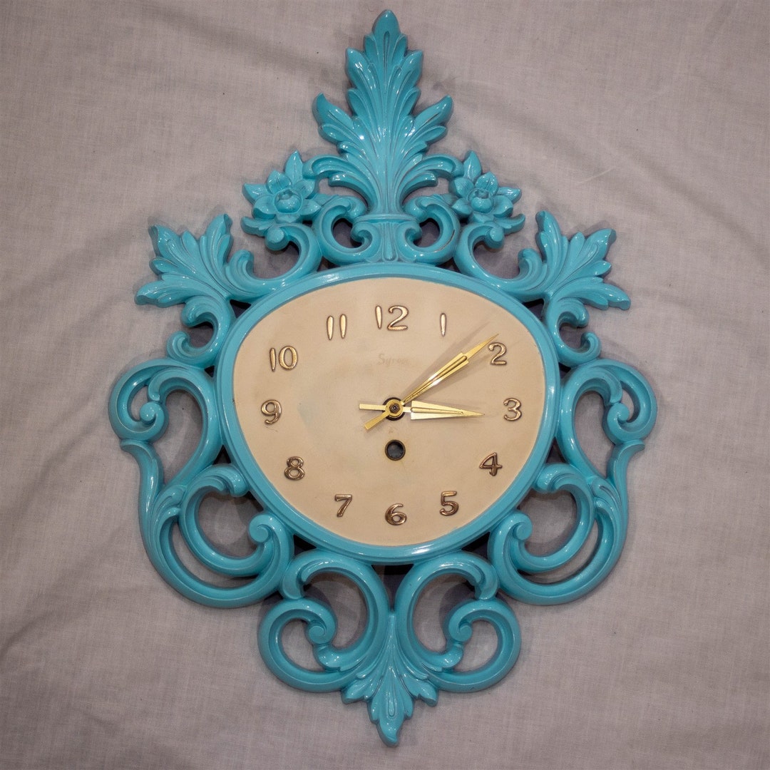 Syroco Mid Century Wall Clock Blue / Gold Ornate - Etsy