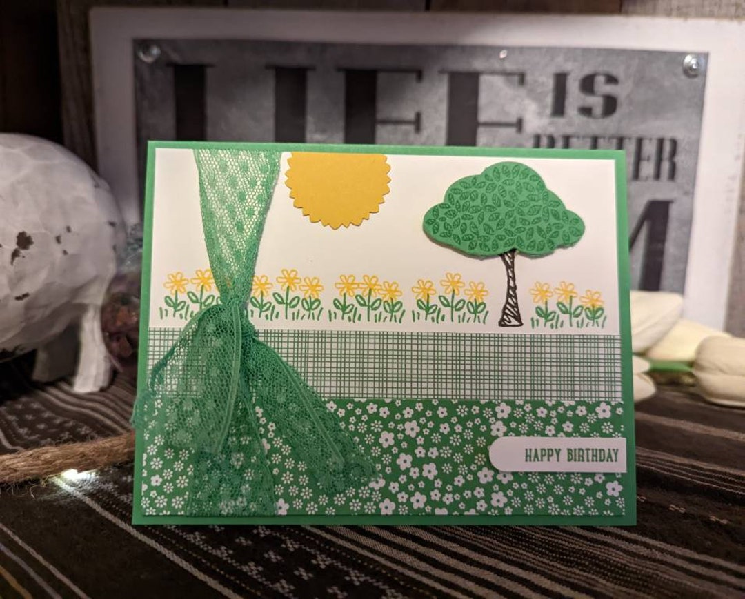 Happy Birthday Card, Flowers and Tree, Green Card - Etsy