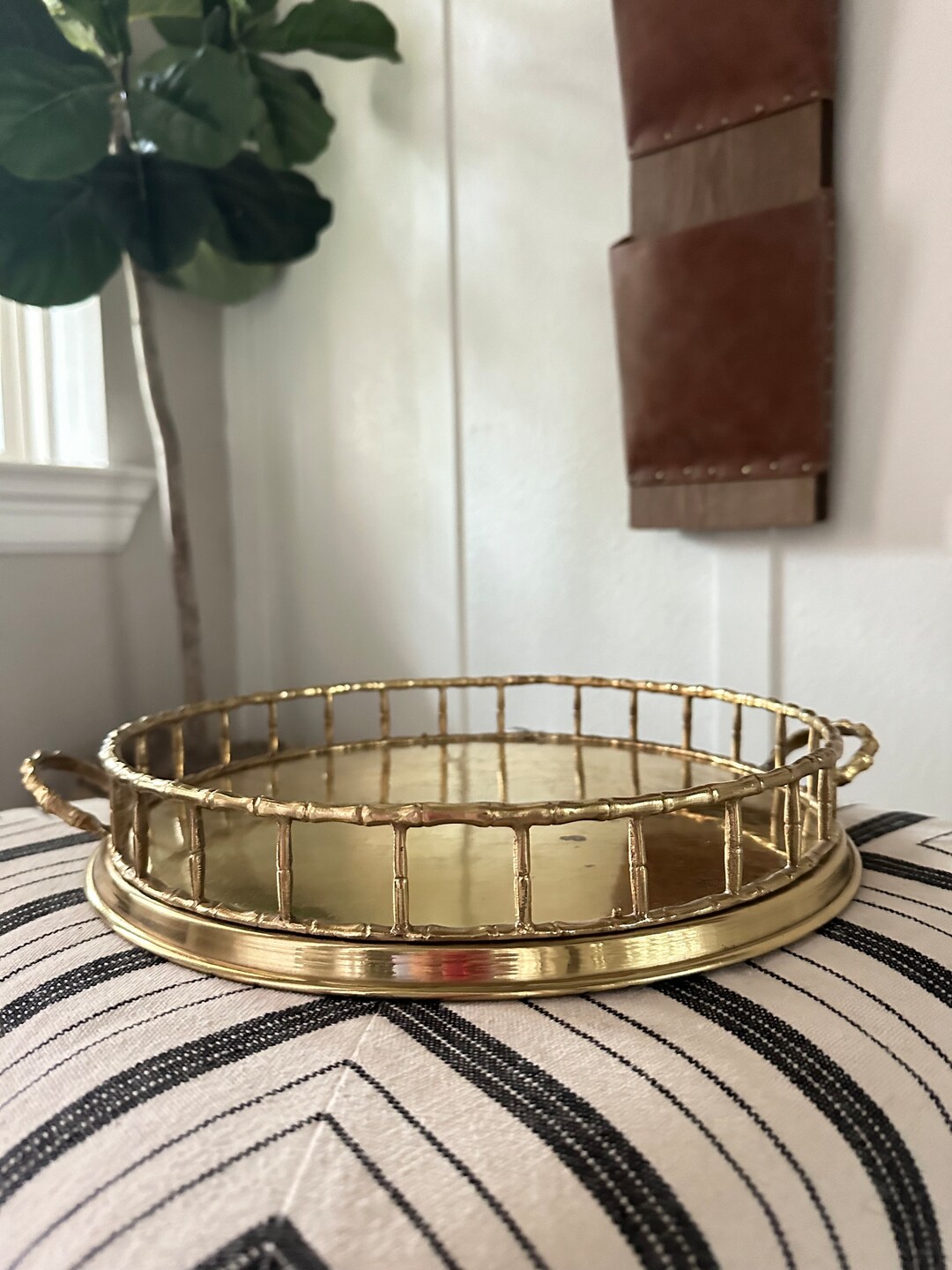 Vintage Large Round Brass Hollywood Regency Faux Bamboo Gallery/perfume ...