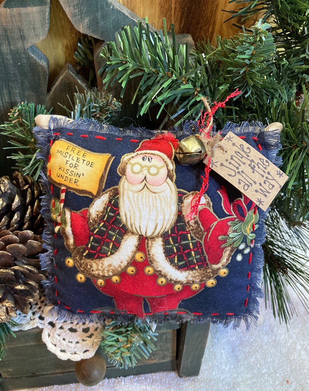 Primitive “jingle All the Way” Santa Pillow Tuck, Christmas Bowl Filler ...