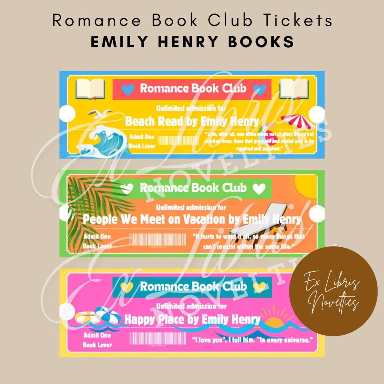 Romance Book Club Bookmarks, Admit One Ticket Bookmarks, Emily Henry ...