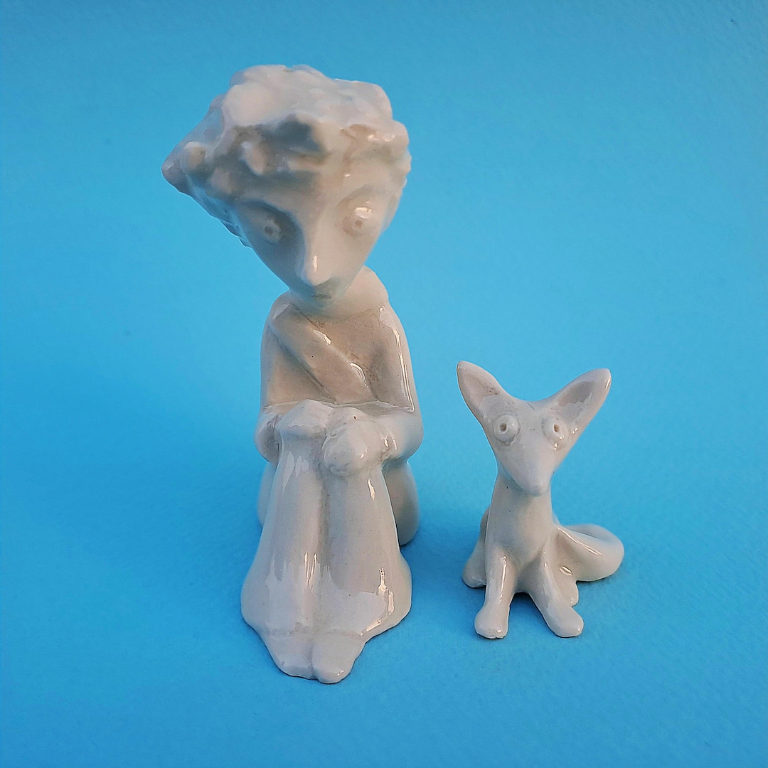 Small Ceramic Figurines of the Little Prince and the Fox, White Ceramic ...