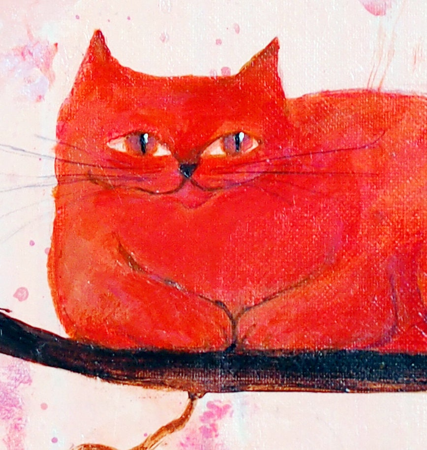 Red Kitty Wall Decor Watercolor Red Cat Painting Funny Cat - Etsy