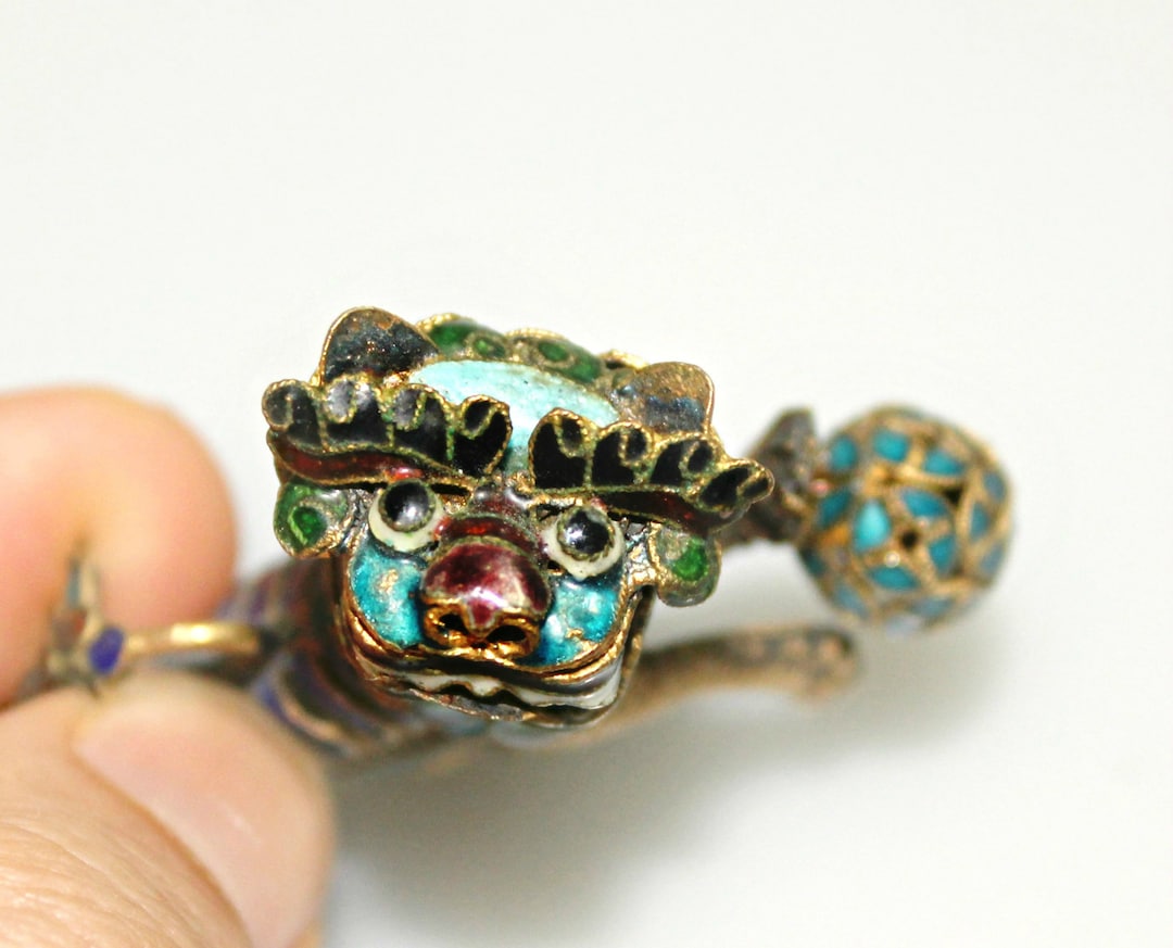 Old Chinese Guardian Lion Foo Dog Amulet Pendant Enamel on Metal ...