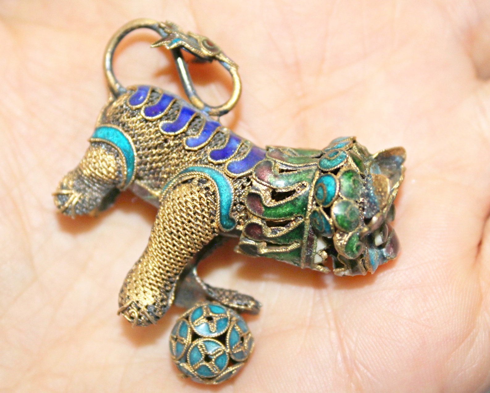 Old Chinese Guardian Lion Foo Dog Amulet Pendant Enamel on | Etsy