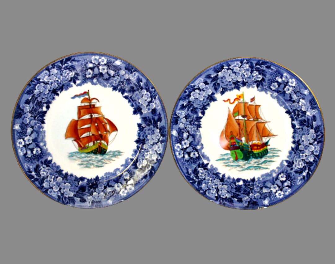 Wedgewood Blue Transfer Hand Painted Sail Ship Cabinet Plates Pair Near ...