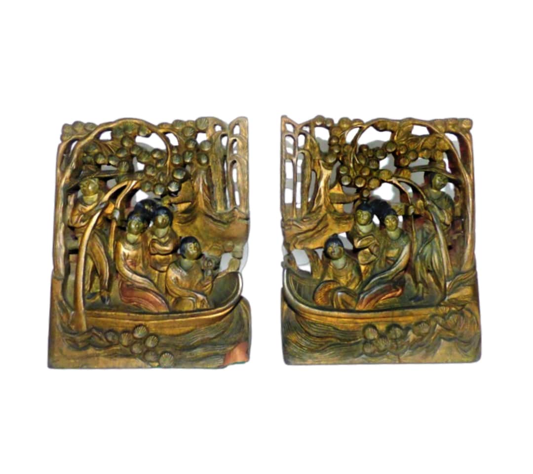 Antique Chinese Wood High Relief Panel Bookends Qing Dynasty - Etsy