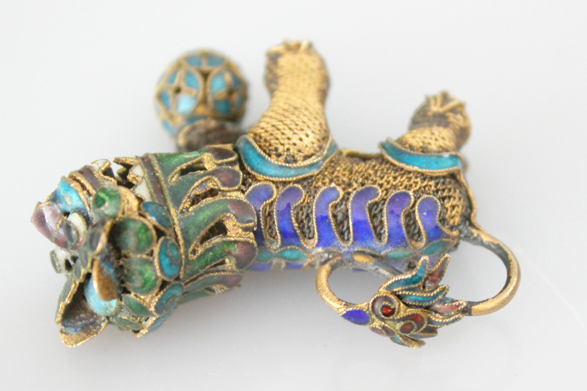 Old Chinese Guardian Lion Foo Dog Amulet Pendant Enamel on | Etsy