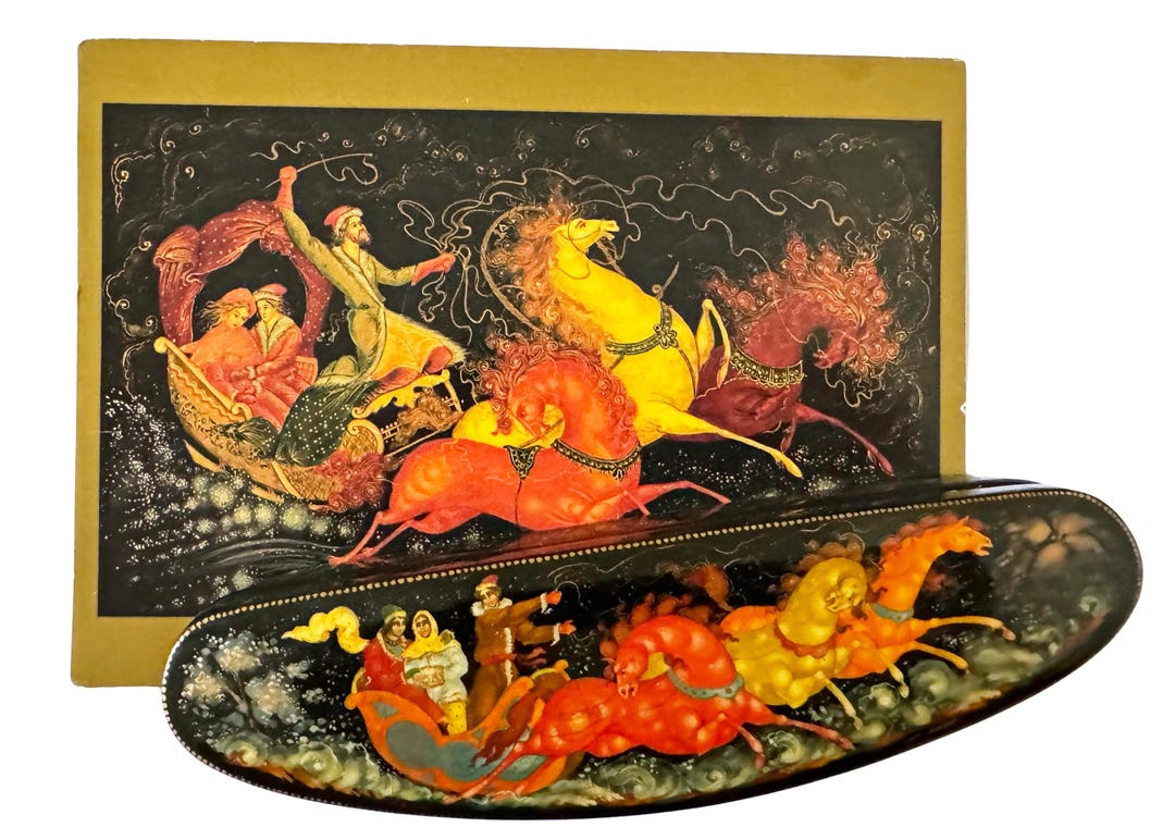 Vintage Russian Folk Lacquer Box Palekh and Card Troika - Etsy