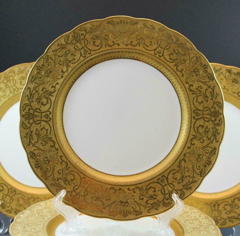 10 UNIQUE English Dinner Plates Gold Encrusted Engraved Mythology Faces ...