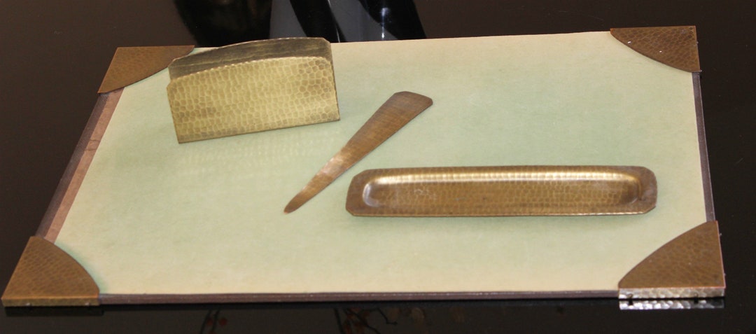 Antique ROYCROFT Hammered Copper Desk Set Blotter Corners, Pen Tray ...
