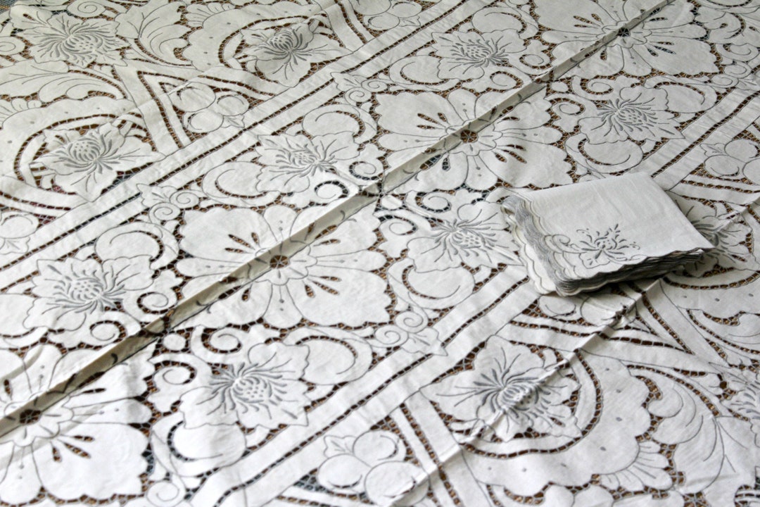 Vintage Banquet Tablecloth Madeira All Cut Embroidered 64'' X 124'' Cut ...