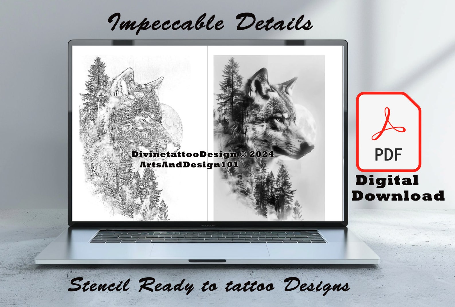 Realistic Wolf Tattoo Flash Stencils – Surreal Forest Reference ...