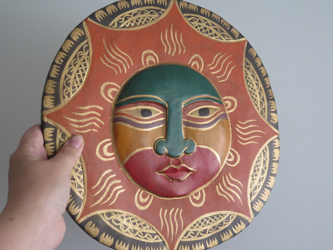 Wooden Sun Hanging Decor, Painted Wood Art Moon Decor, Vintage Hanging ...