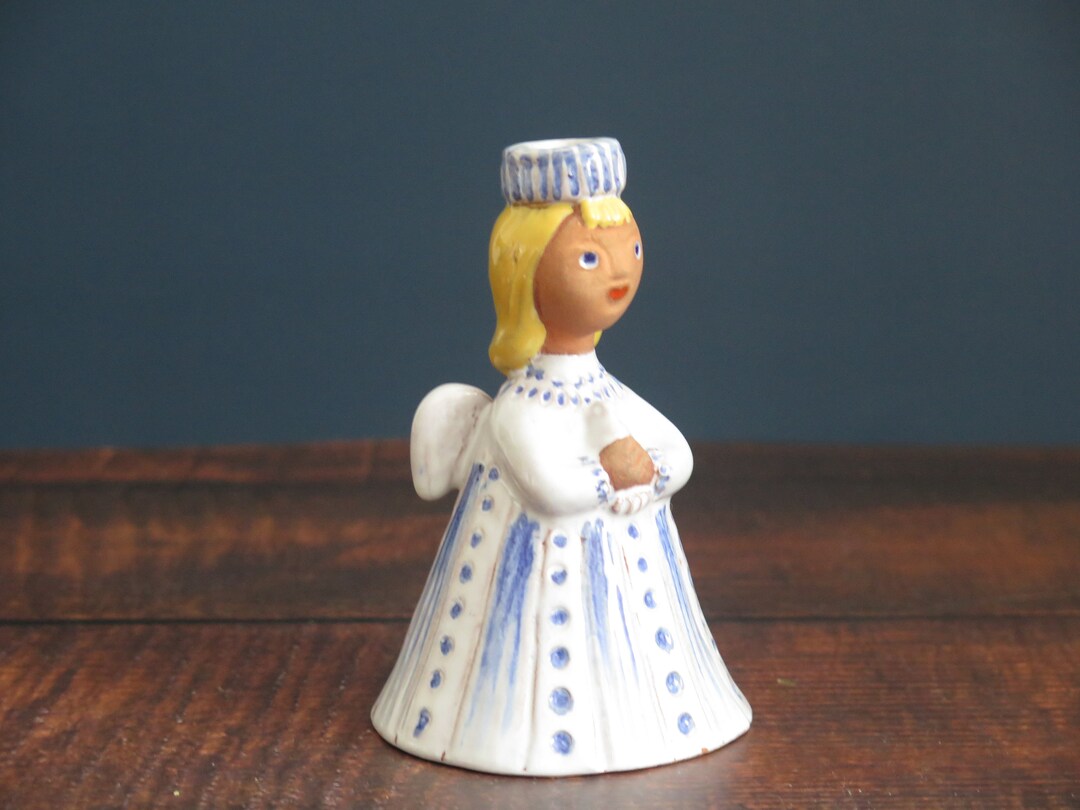 Ceramic Girl Angel Figurine in White Blue Dress Glazed Pottery Figurine ...