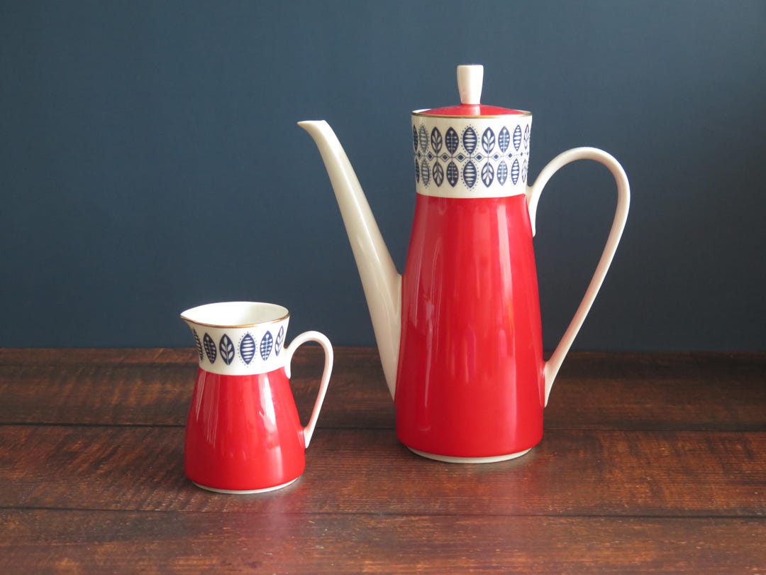 Freiberger Germany GDR Porcelain, Vintage German Porcelain Espresso 1960s Red W Blue Leaves ...