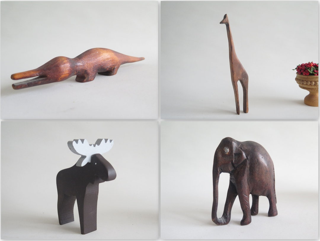 Carved Wooden Figurine, Vintage Figurine Crocodile Giraffe Elk Elephant ...