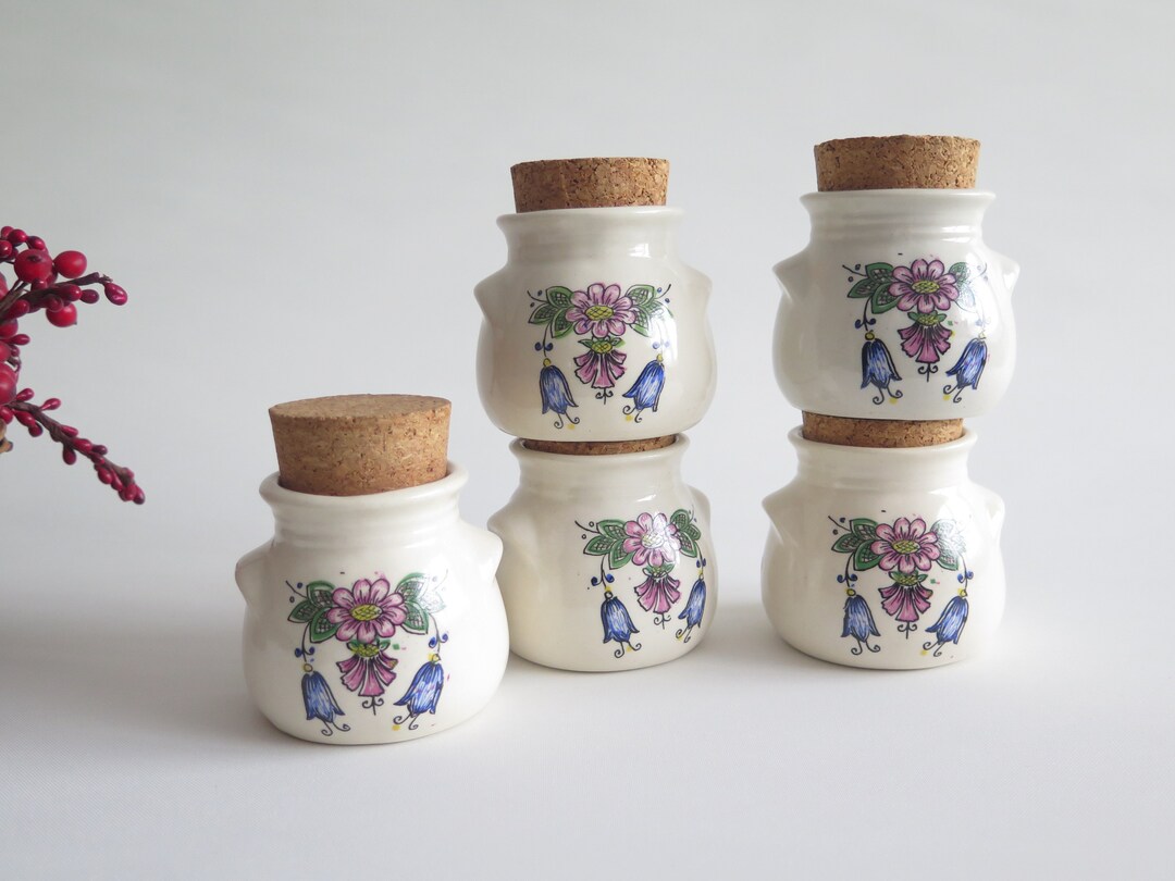Spice Jars Set of 5, Ceramic Spice Jars With Cork Lids, Small Floral ...