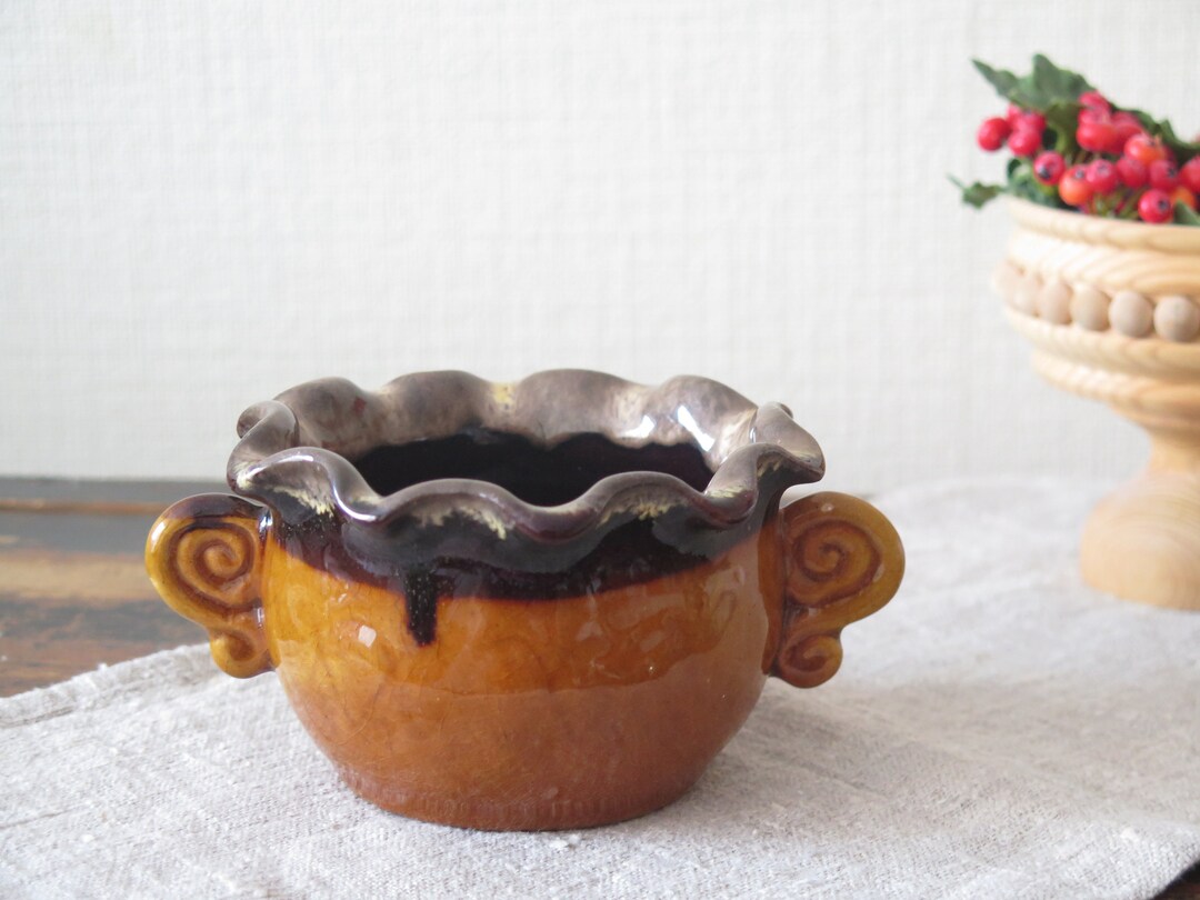Vintage Ceramic Handmade Pot With Handles 70s 80s Home Decor Brown Clay ...