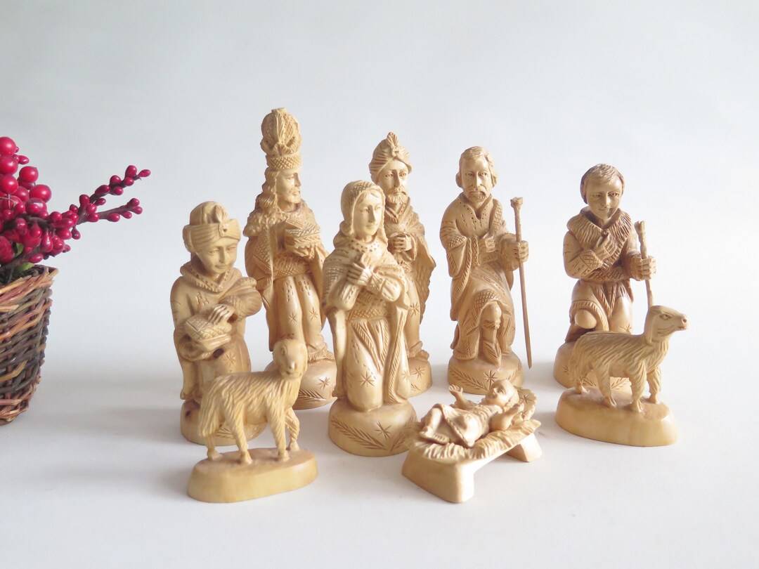Hand Carved Nativity Figurines, Vintage Christmas Religious Decoration ...