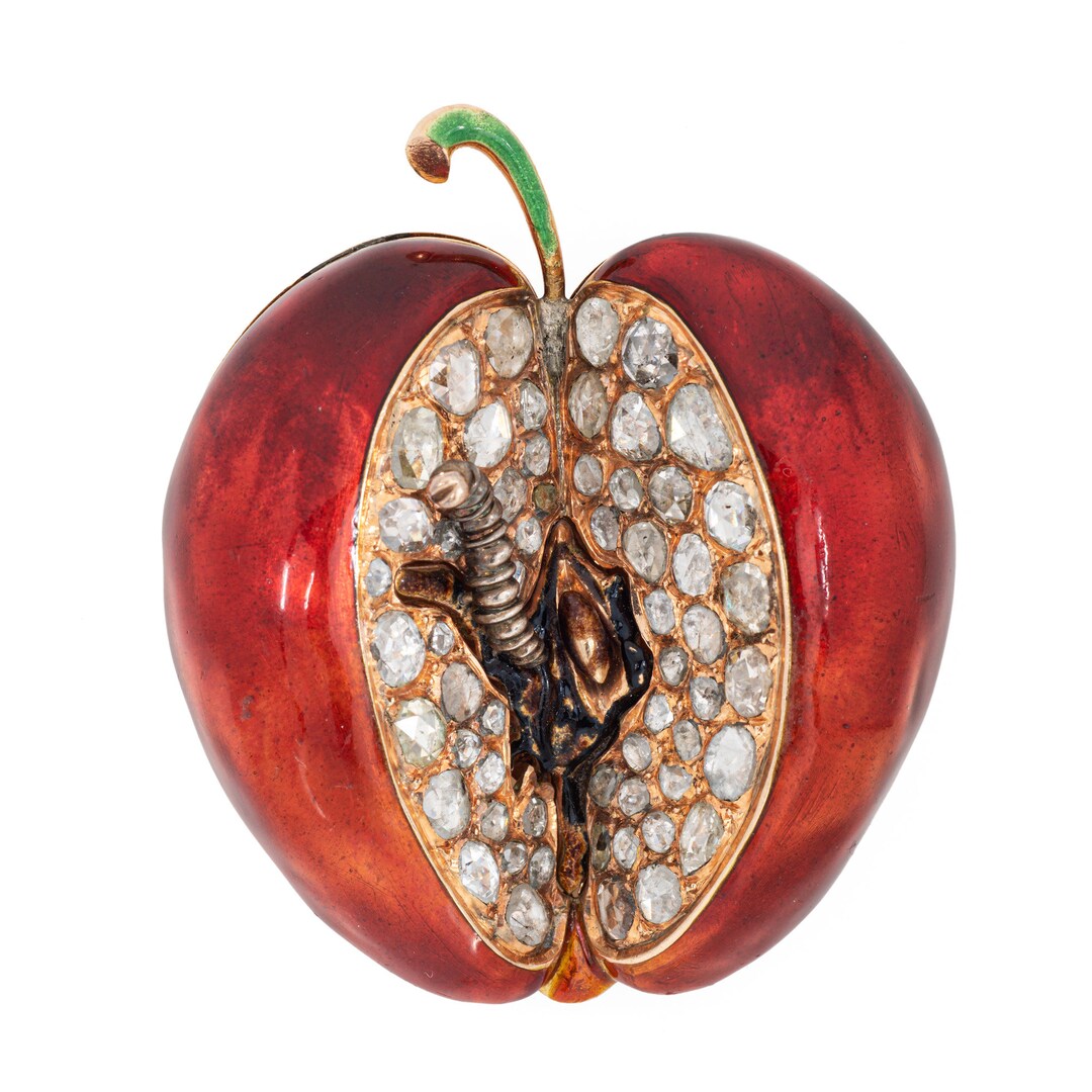 Huge 7ct Diamond Apple Pendant Worm Vintage 14k Yellow Gold Red Enamel ...