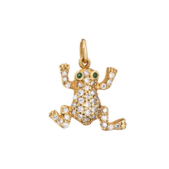 Vintage Frog Charm Diamond 18k Yellow Gold Pendant Em… - Gem