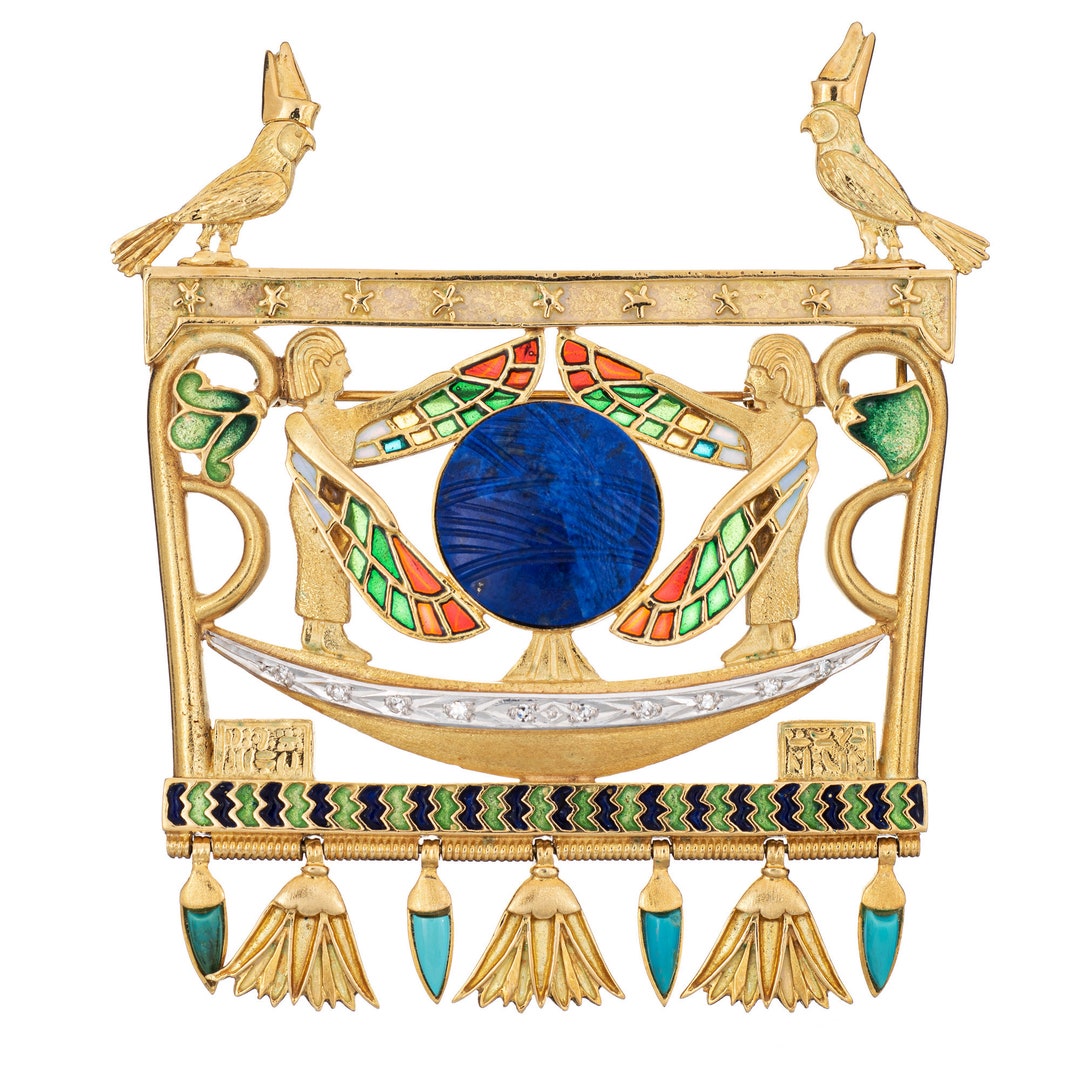 Egyptian Enamel Pendant Isis Large Vintage 14k Yellow Gold Lapis ...