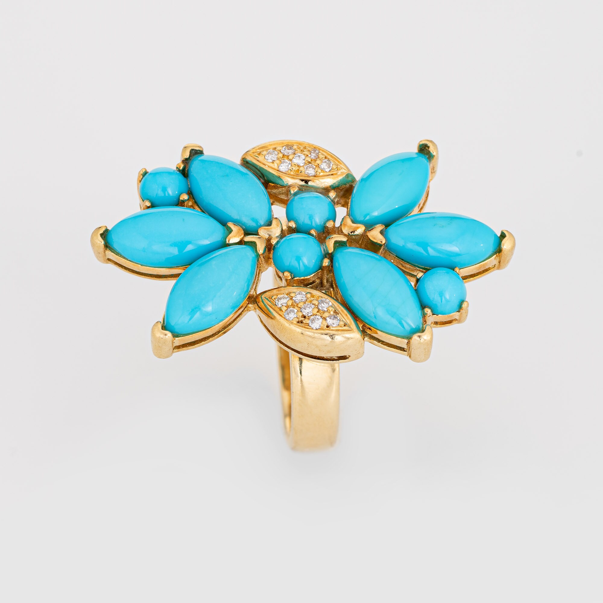 Vintage Turquoise Cluster Ring Diamond 18k Yellow Gold Large Cocktail ...