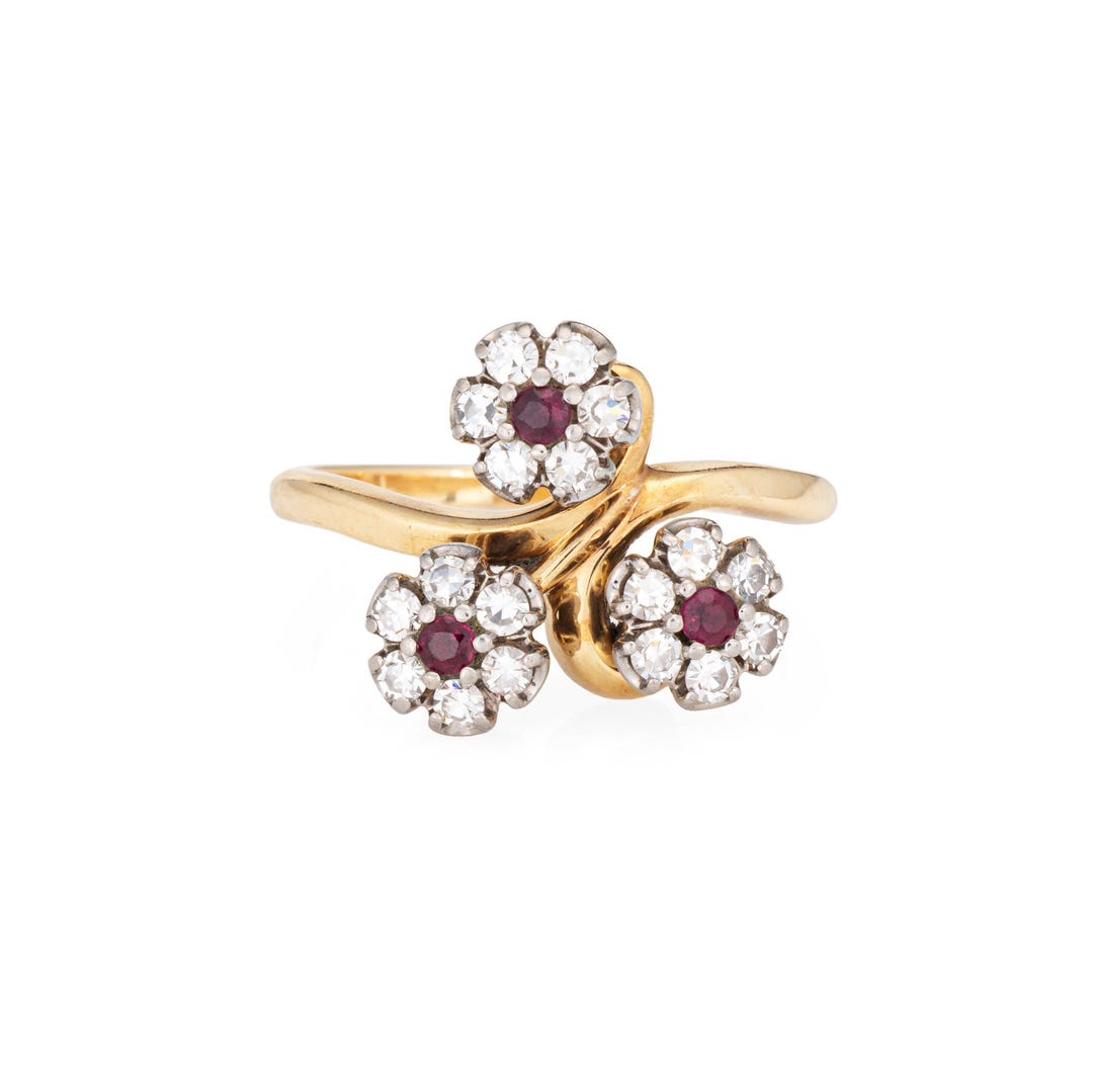 60s Vintage Jabel Ring Diamond Ruby 3 Flower Posey Cluster Sz 6.75 18k ...