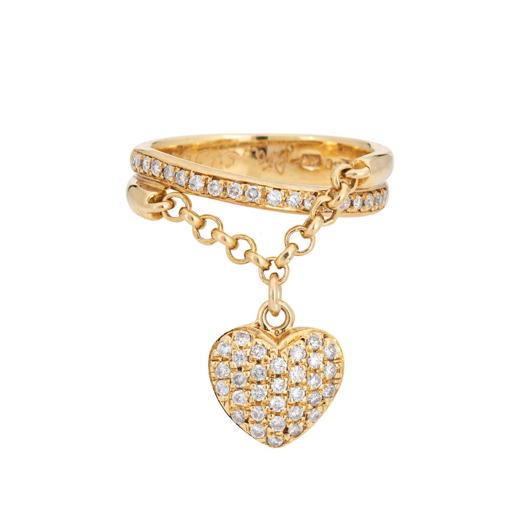 Diamond Heart Charm Ring Estate 18k Yellow Gold Band Sz 7 Fine Jewelry ...