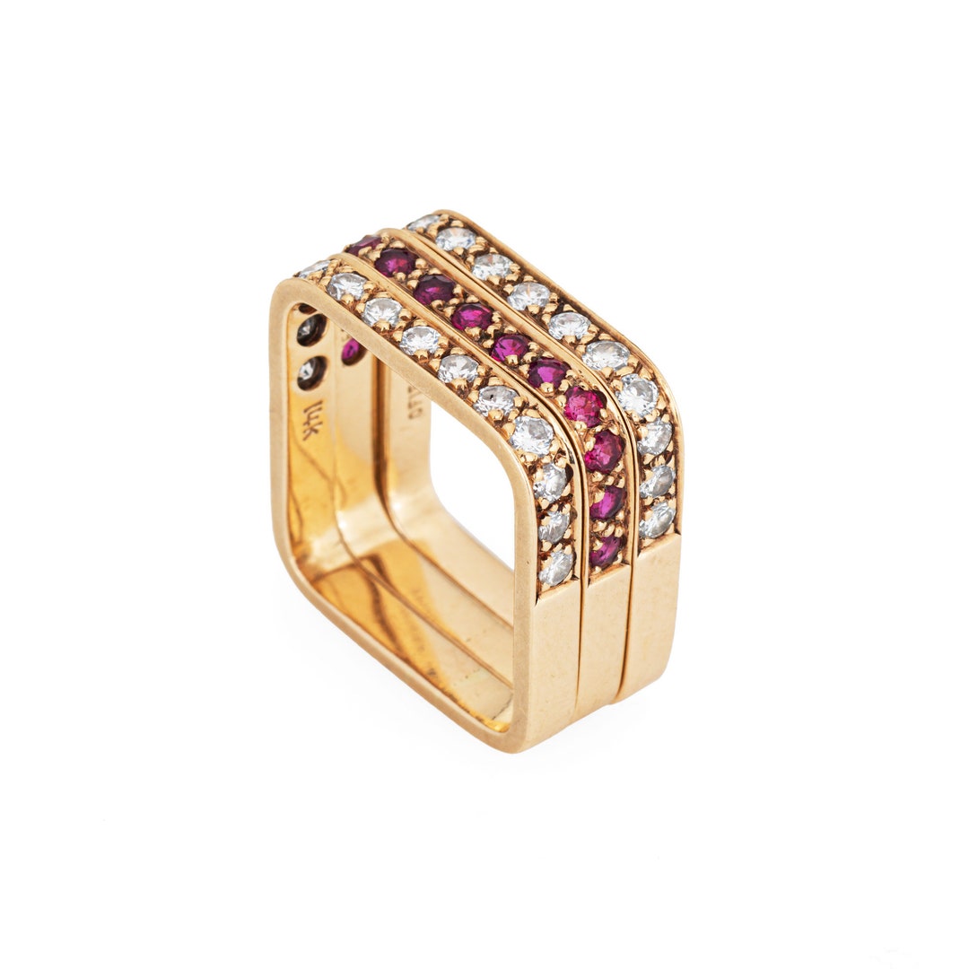 Set of 3 Square Stacking Rings 6.5 Estate 14k Yellow Gold Diamond Ruby ...
