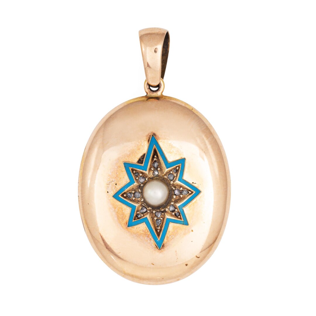 Antique Victorian North Star Pendant Locket Blue Enamel 14k Rose Gold ...