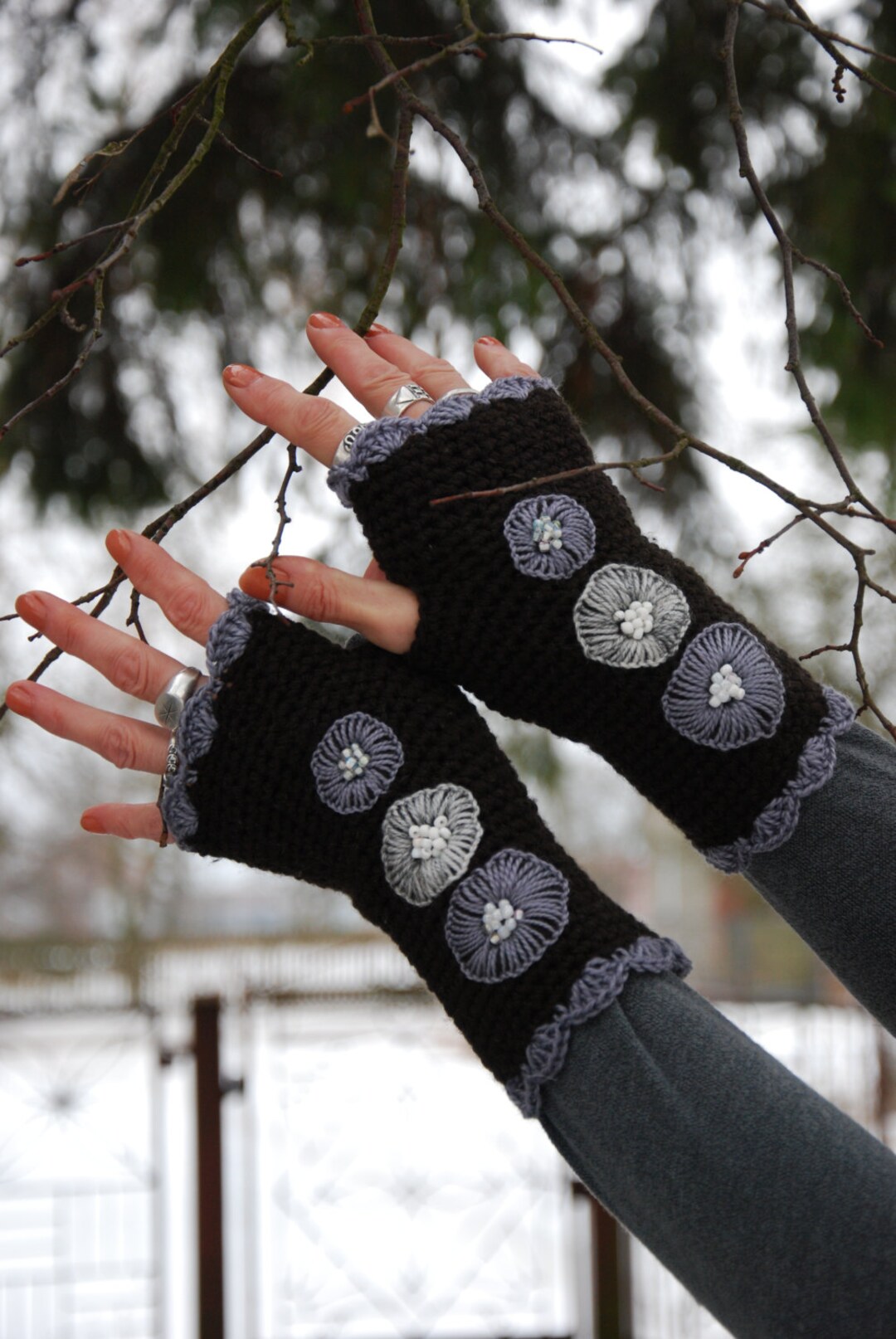 Crochet Silver Poppy Arm Warmers Embroidery Mittens Bohemian Hippie ...