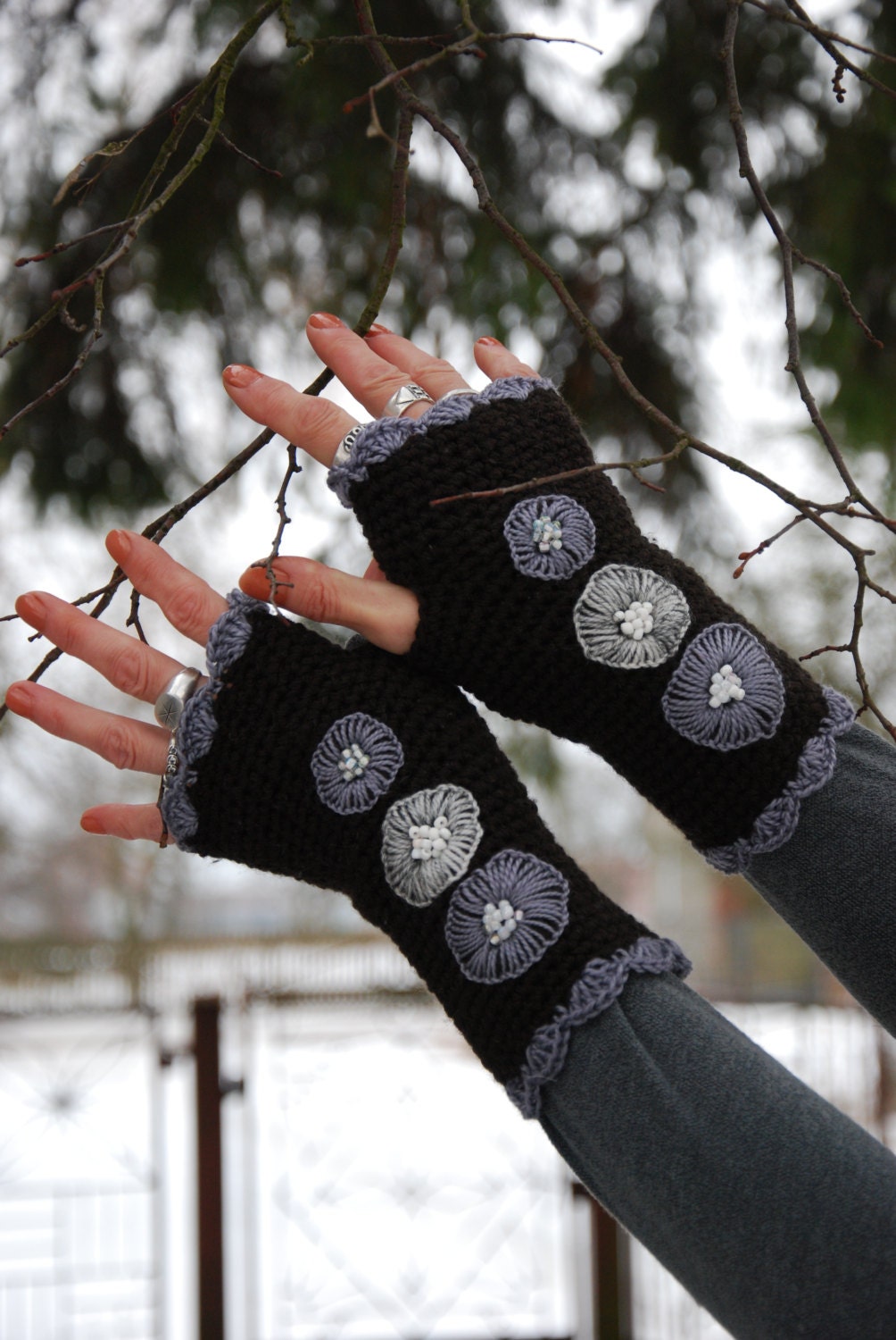 Crochet Silver Poppy Arm Warmers Embroidery Mittens Bohemian Hippie ...