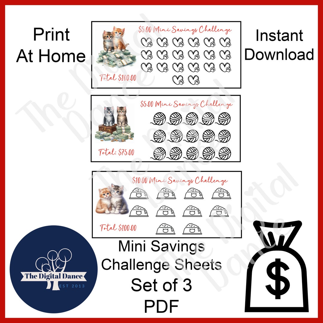 Cute Cat Kitten Kitteh Mini Savings Challenge Digital, Sinking Funds ...
