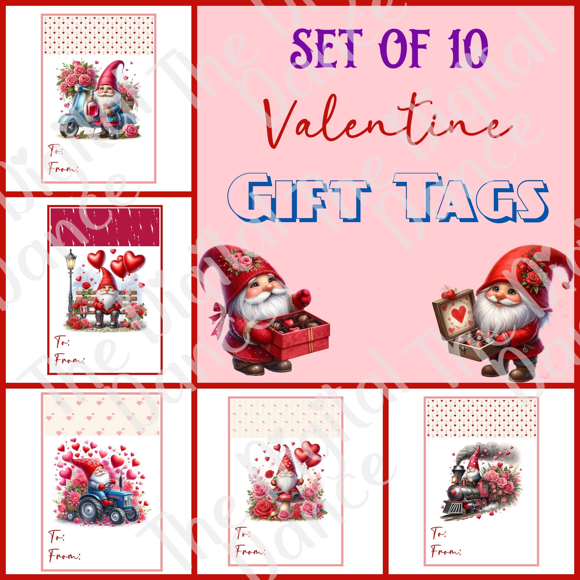 Valentine's Day Gnome Gift Tags, Roses, Hearts, Printable, PDF File ...