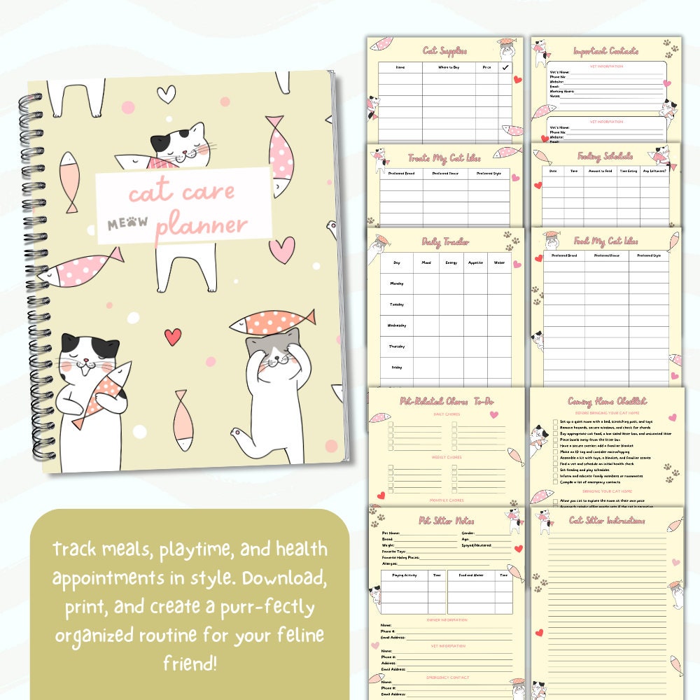 Cat Care Planner Bundle, Printable Kitten Planner Pet Care Binder, New ...