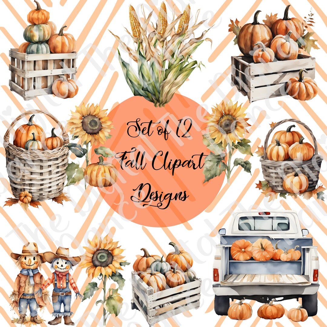 Set of 12 Fall Autumn PNG Clipart Scarecrow, Pumpkins, Pickup Truck ...