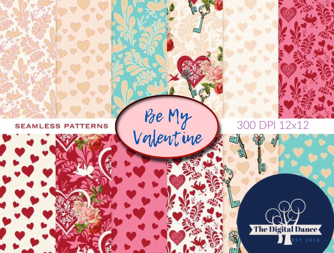 12 Valentine Hearts Seamless Digital Papers, Scrapbook Paper, Heart ...