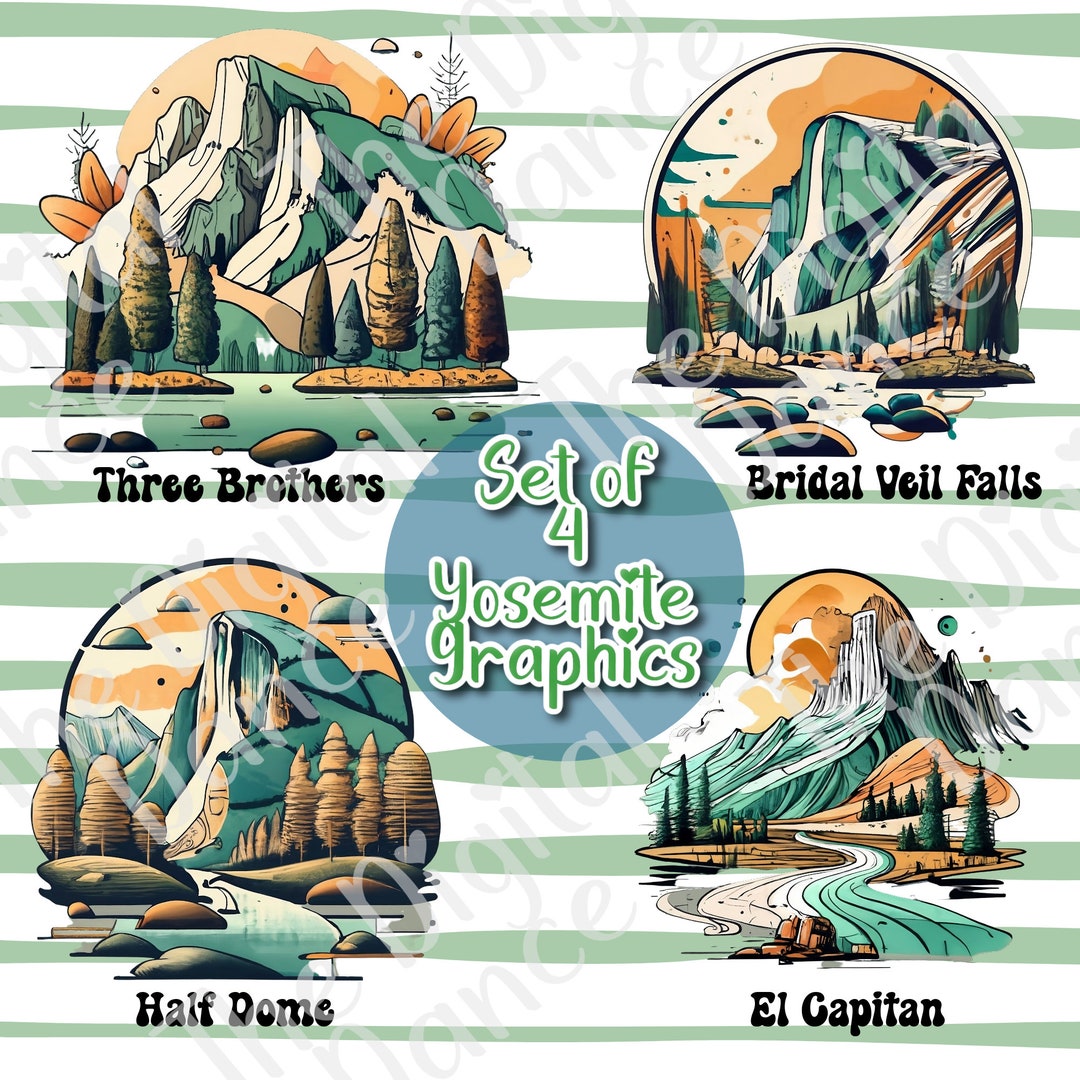 Set of 4 Yosemite National Park Minimalst Ink Drawing Graphics PNG ...